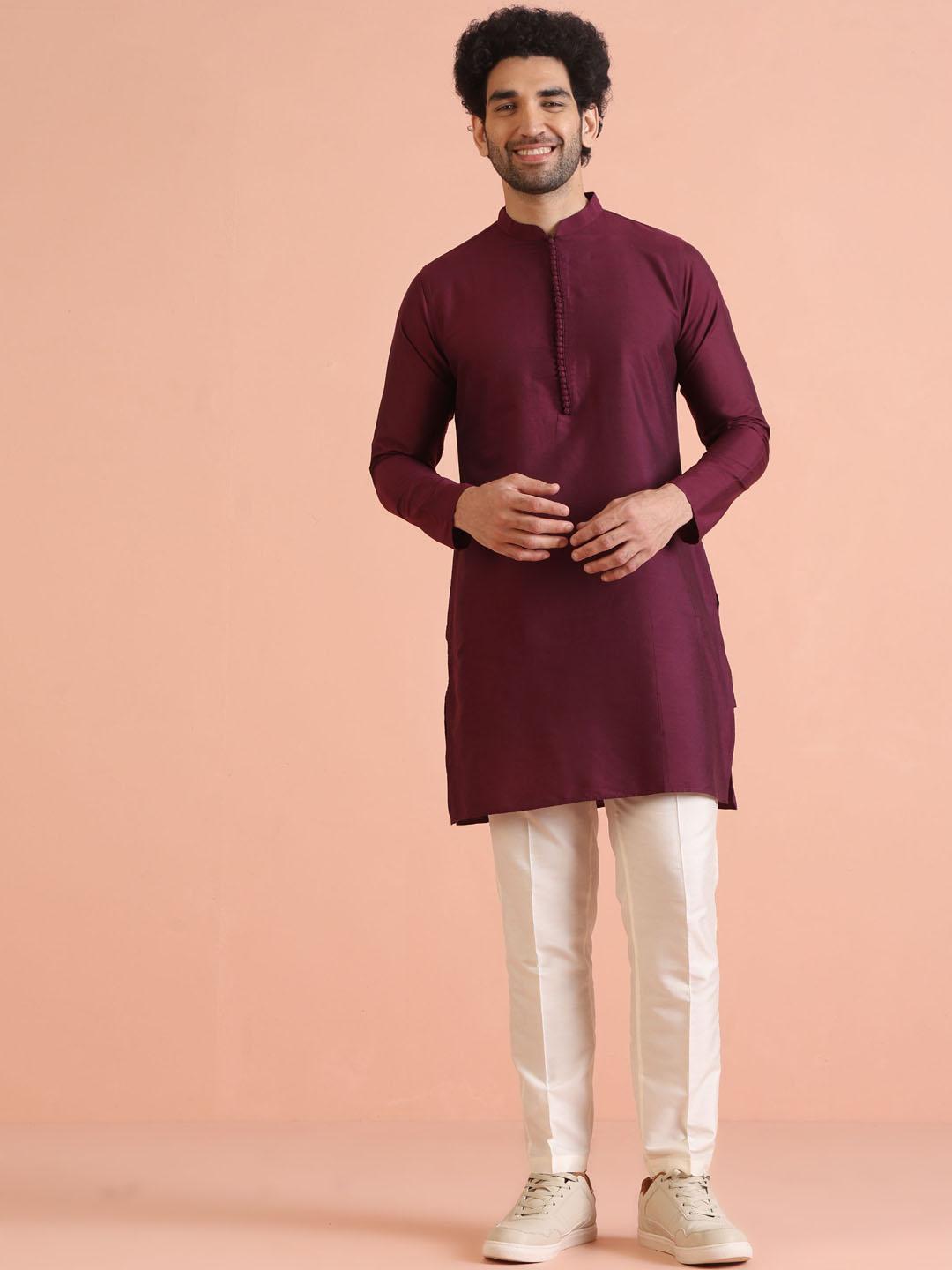 Buy KISAH Mandarin Collar Gundi Buttons Straight Kurta With Trousers ...