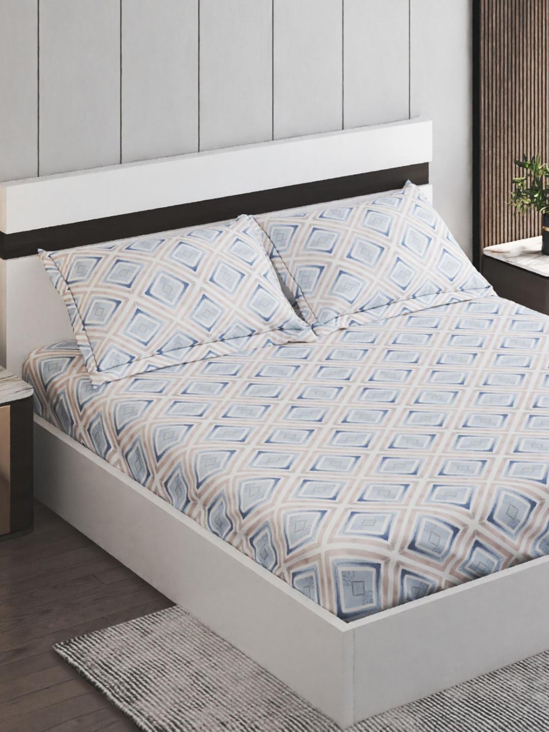 Buy Home Centre Oxford Blue Geometric Cotton 200 TC King Bedsheet With ...