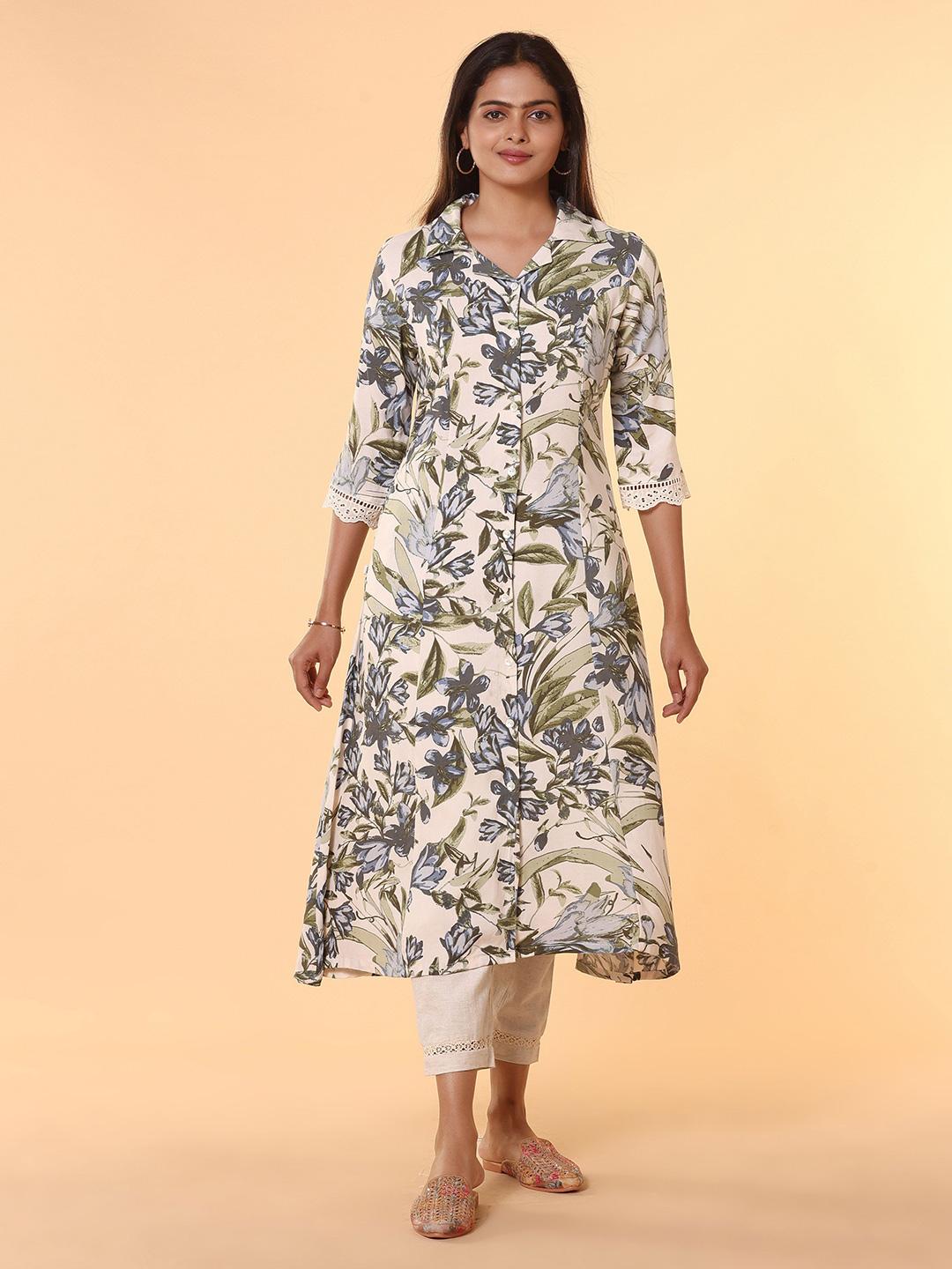 Buy Vismay Women Floral Shirt Collar Printed Straight Kurta - Kurtas ...