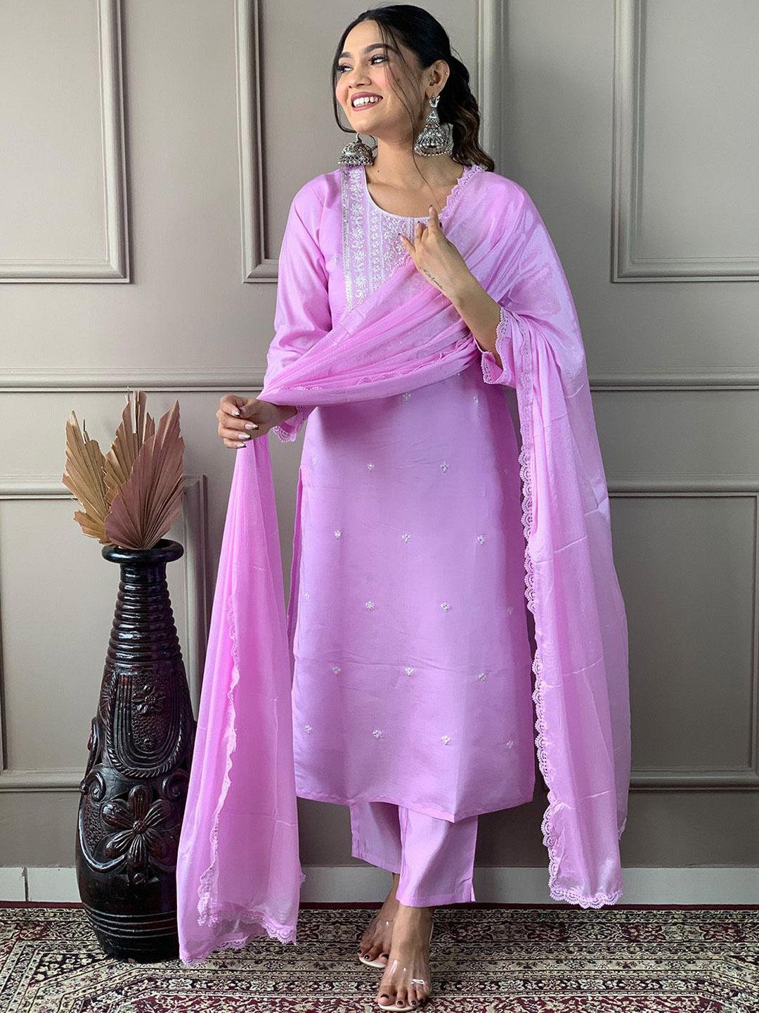Buy Ishin Floral Yoke Design Thread Work Straight Kurta With Trouser ...