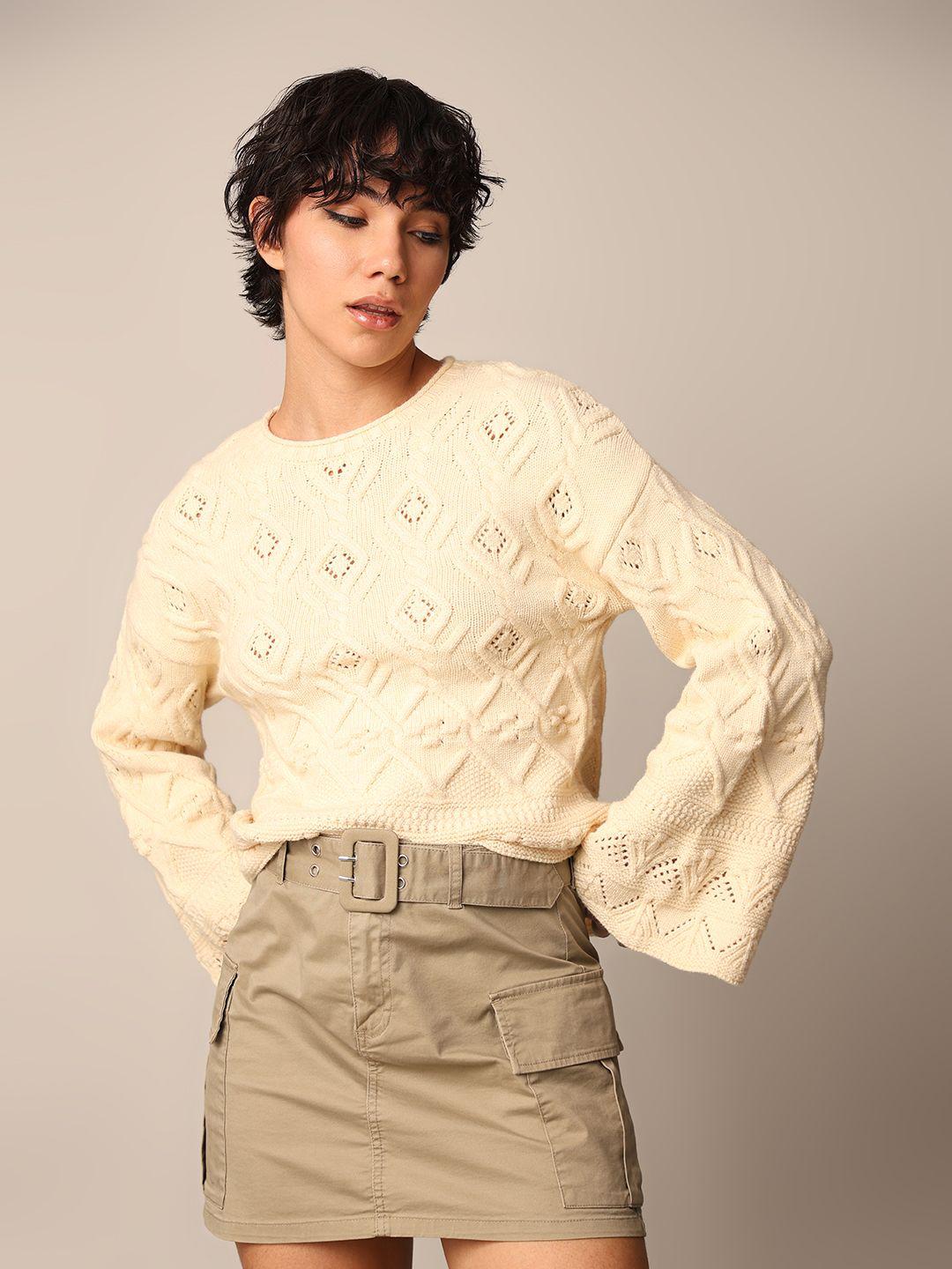 Buy ONLY Women Self Design Round Neck Long Sleeves Pullover Sweaters ...