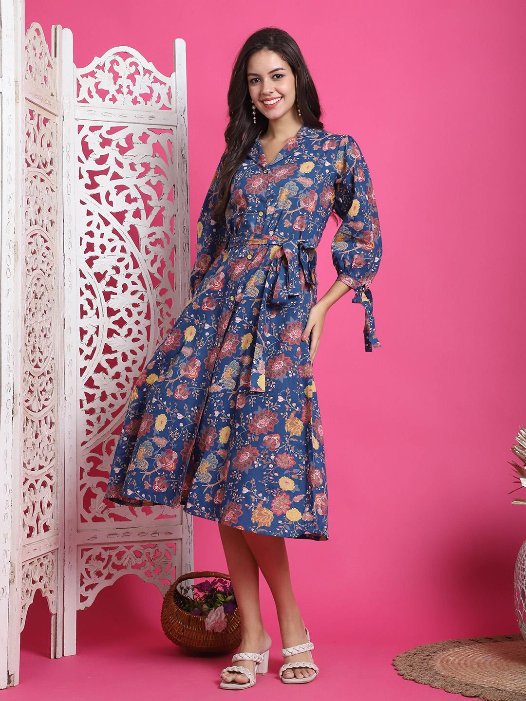 Buy Roly Poly Women Cotton Floral Printed Fit And Flare Midi Dress ...
