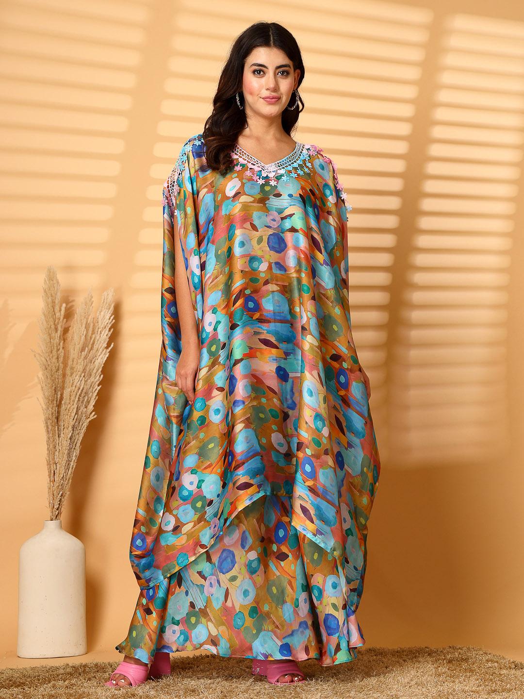 Buy Clora Creation Geometric Printed Layered Gotta Patti Kaftan Kurta ...