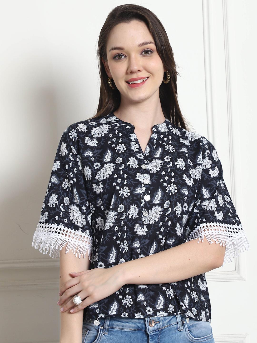 Buy Roly Poly Women Pure Cotton Floral Printed Mandarin Collar Top ...