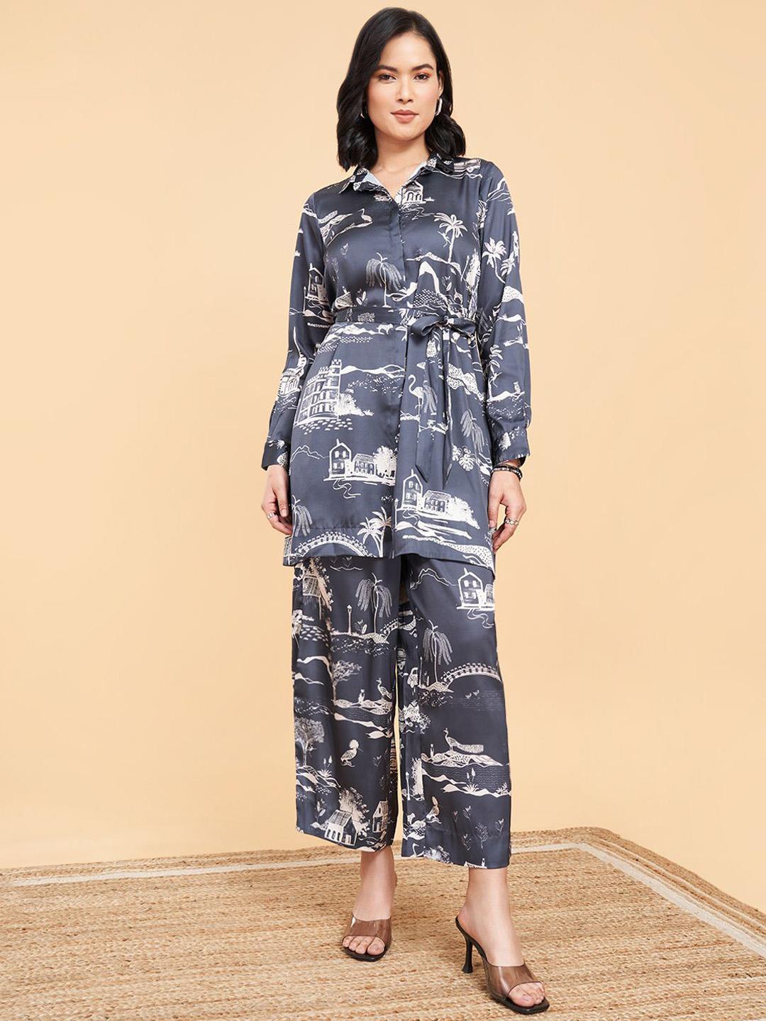 Buy Marigold Lane Shirt Collar Printed Tunic With Palazzos - Co Ords ...