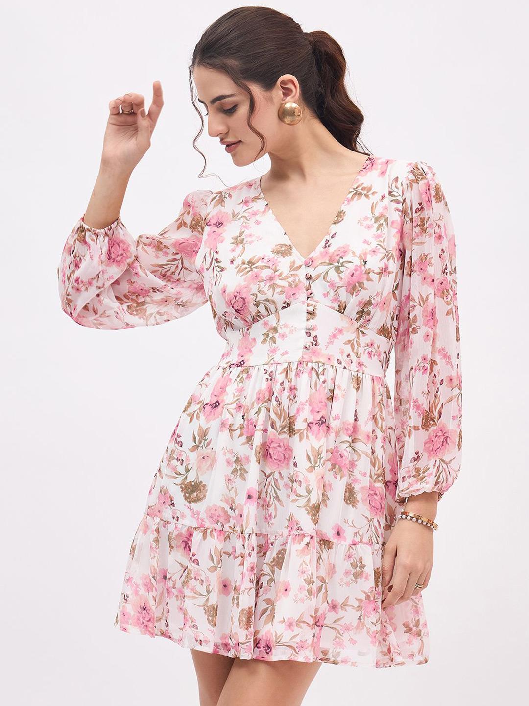 Buy JUNE & HARRY Floral Printed Georgette Fit & Flare Mini Dress ...