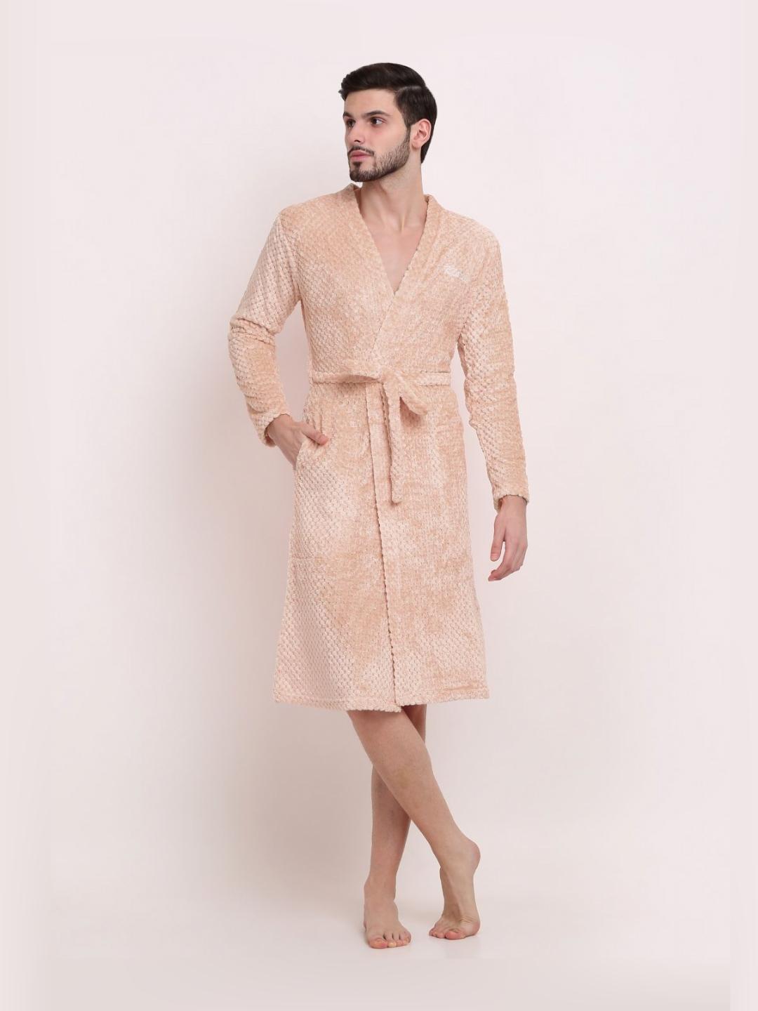 Buy KLOTTHE Peach Self Design Wool Drawstring Knee Length Bath Robe S ...
