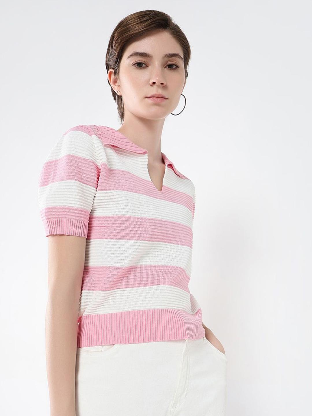 Buy SHOWOFF Women Horizontal Striped Shirt Collar Acrylic Top - Tops ...