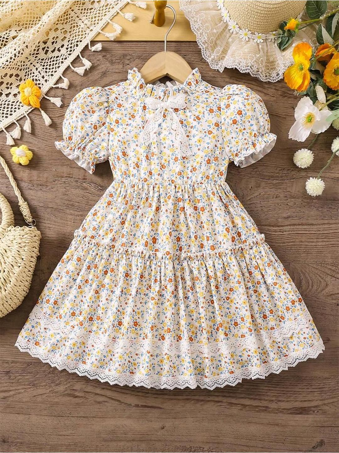 Buy BAESD Girls High Neck Puff Sleeves Floral Printed Fit & Flare Dress ...