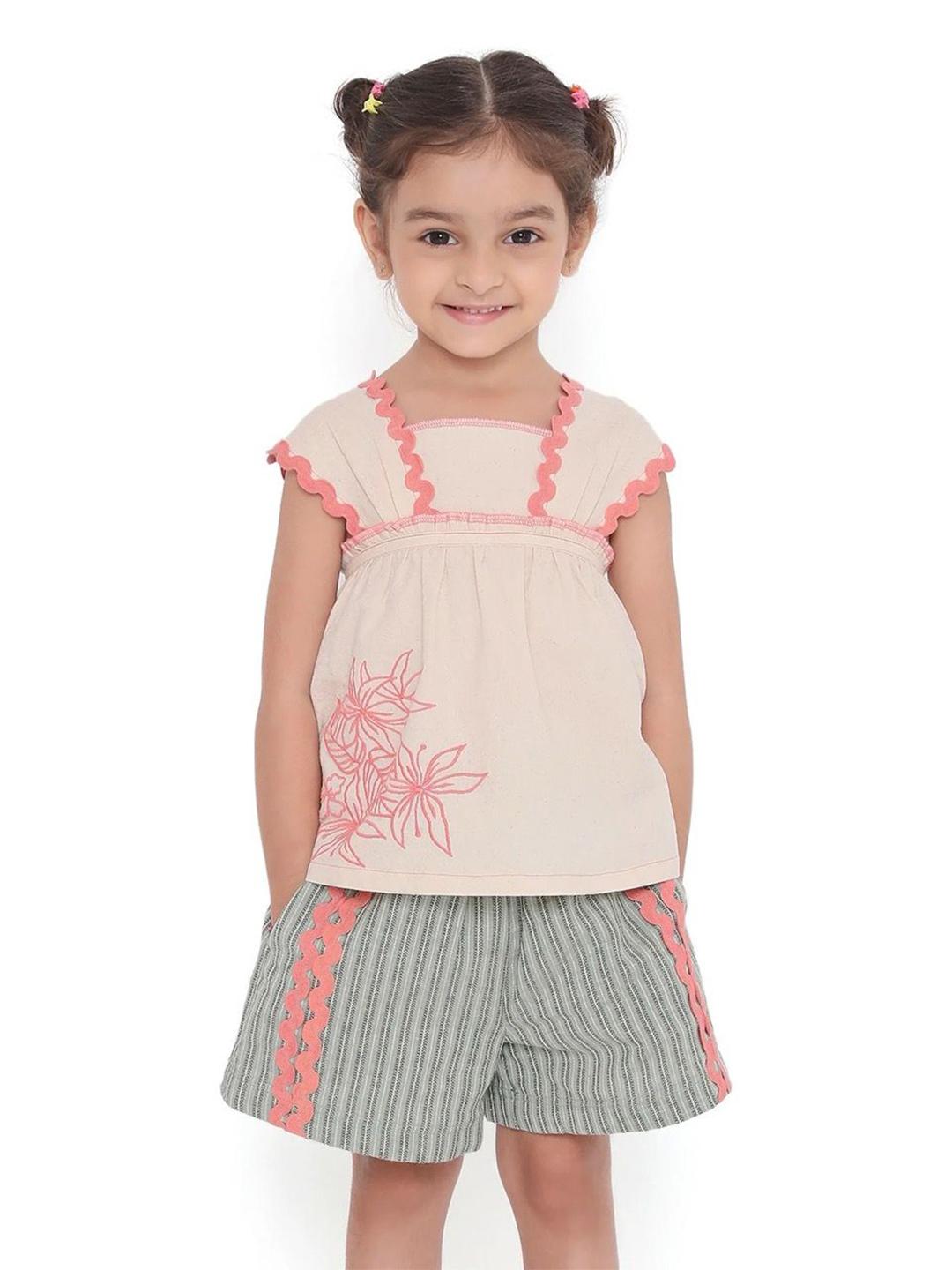 Buy Miko Lolo Girls Embroidered Square Neck Pure Cotton Top With Short ...