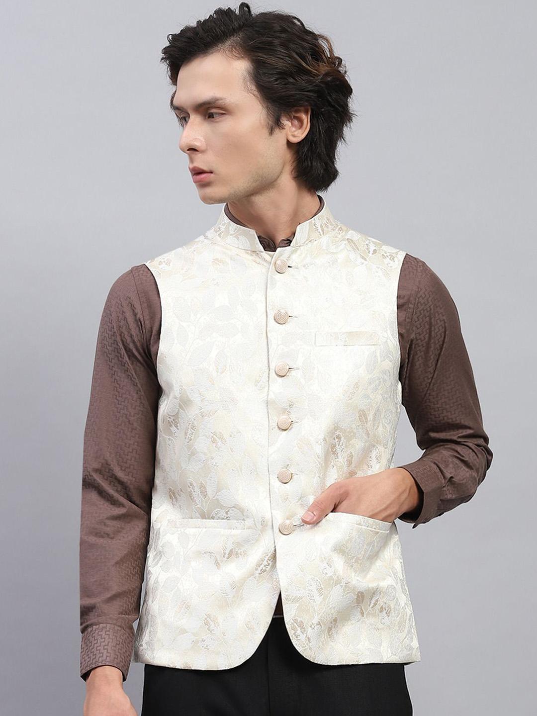 Buy Monte Carlo Floral Woven Design Mandarin Collar Nehru Jacket ...