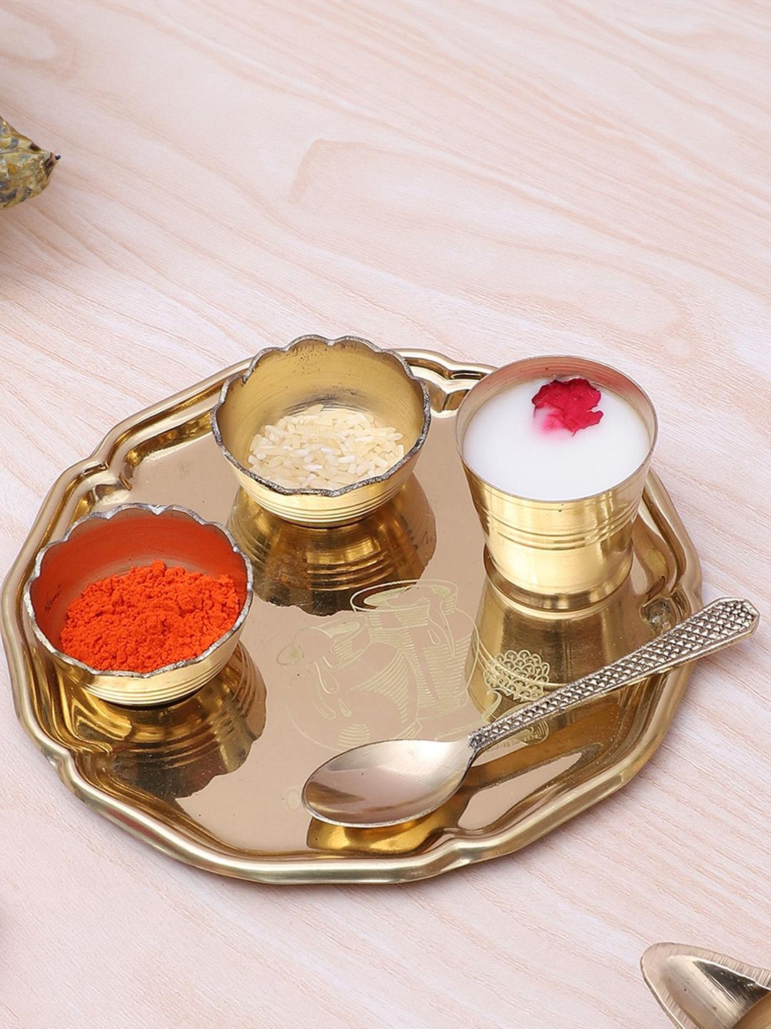 Buy Two Moustaches Brass 5 Piece Easy To Clean Navratri Pooja Thali ...