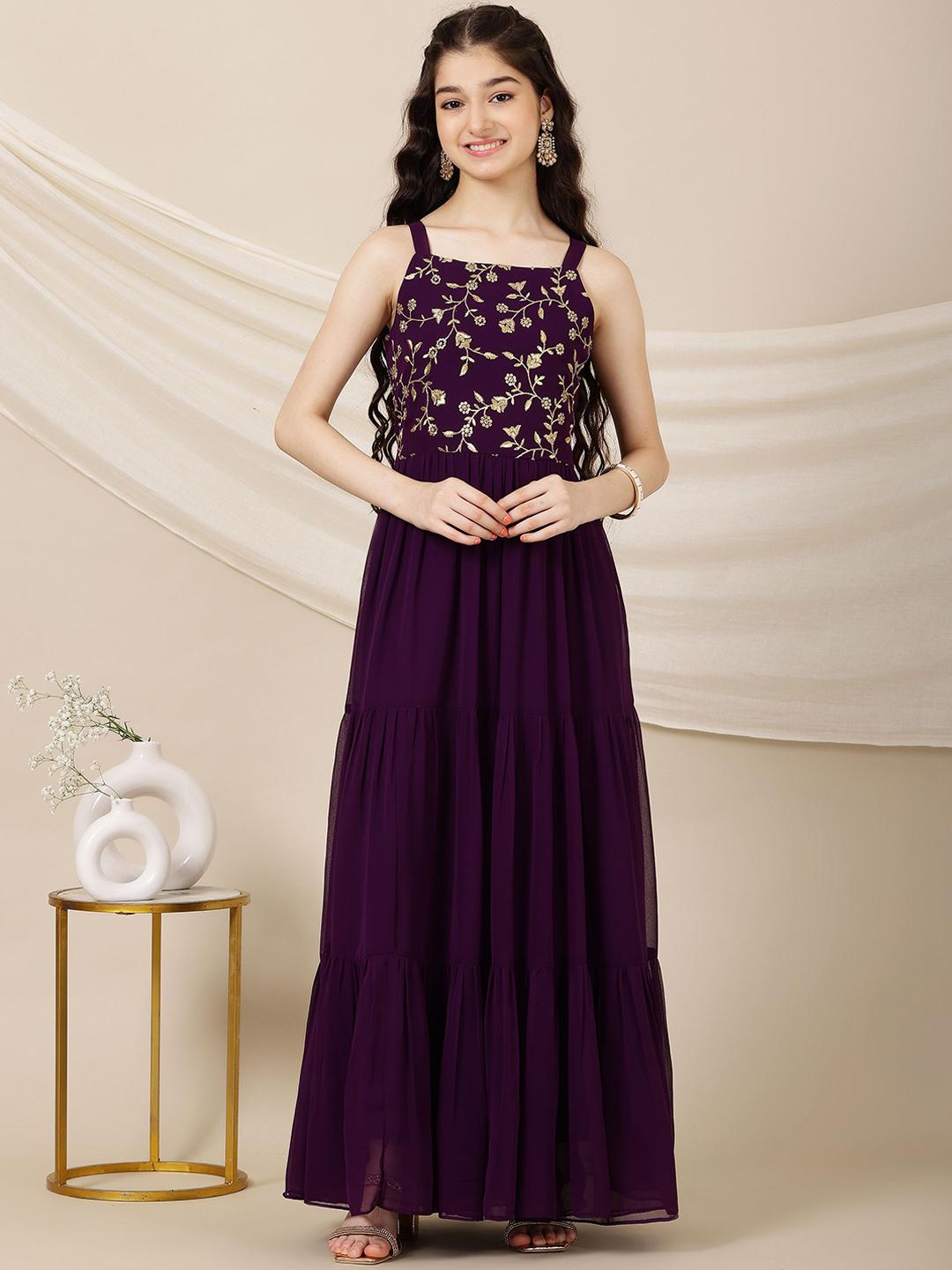 Buy Inddus Girls Floral Embroidered A Line Maxi Ethnic Dresses - Ethnic ...