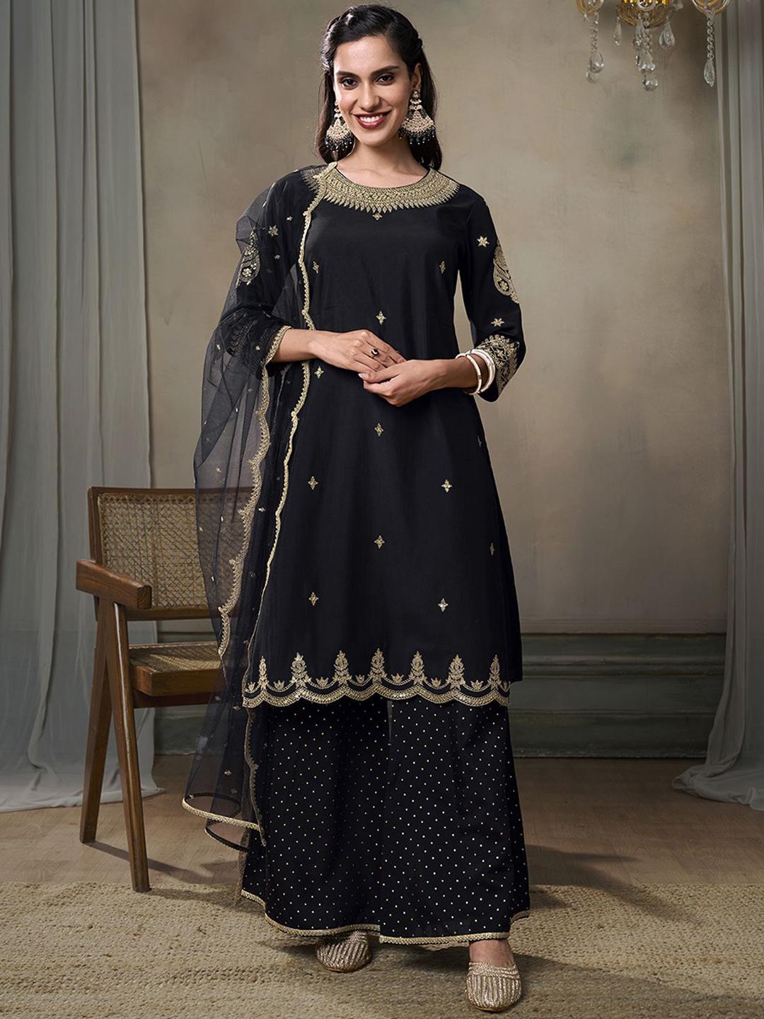 Buy Inddus Ethnic Motifs Embroidered Sequinned Kurta With Palazzos ...