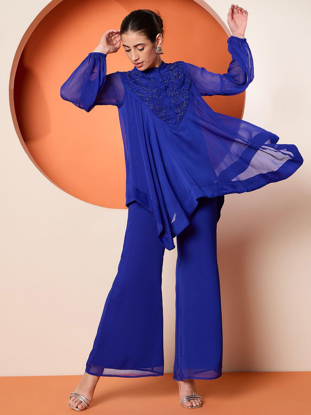 Buy Antheaa Blue Embellished Band Collar Top With Palazzo - Co Ords for ...