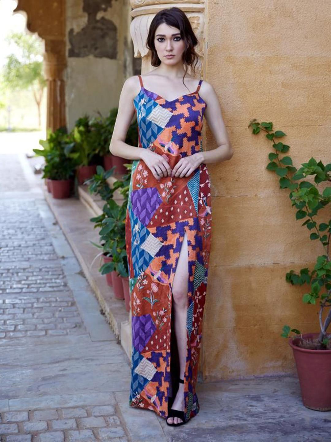 Buy AMROOD Women Printed Shoulder Straps Fit & Flare Maxi Dress ...