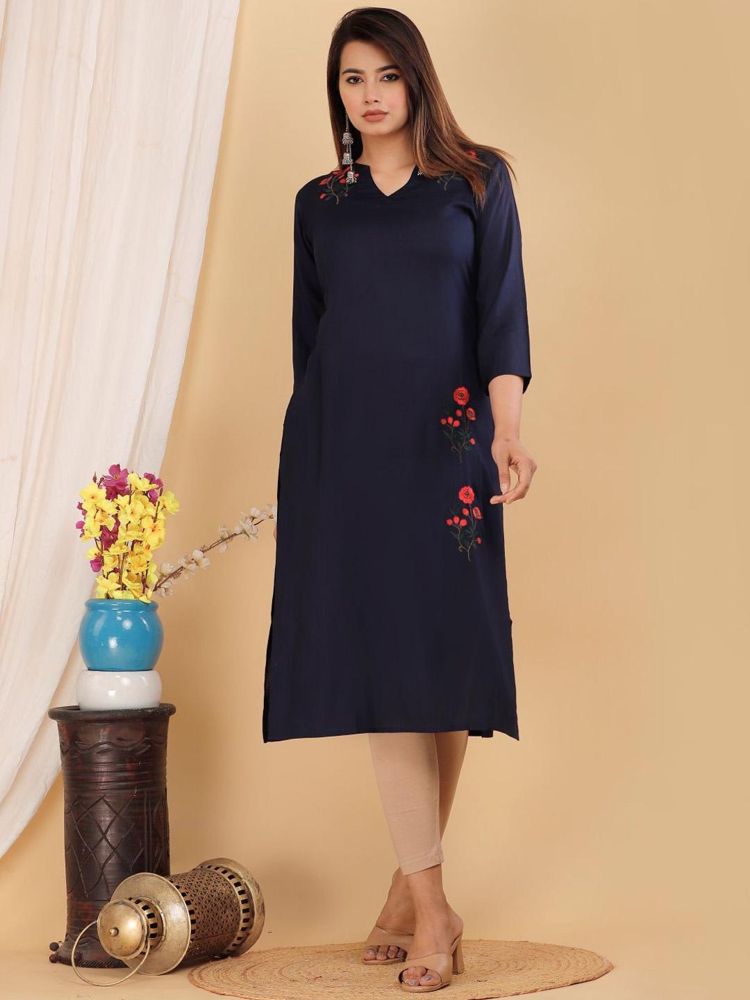Buy Mehsoos Floral Embroidered V Neck Thread Work Straight Kurta ...