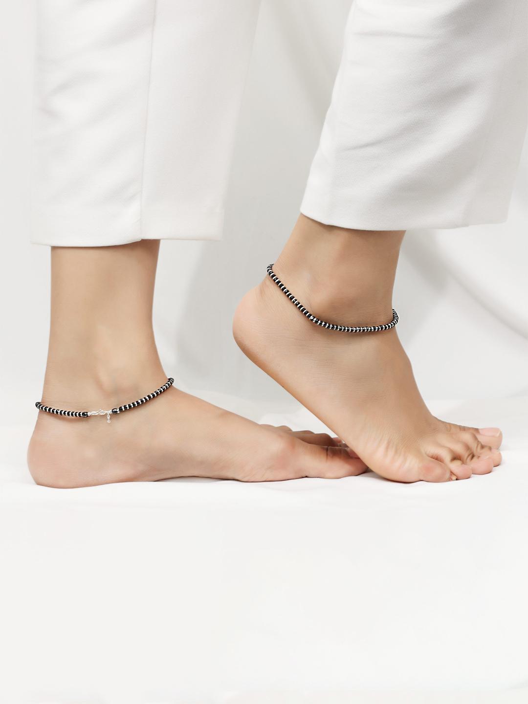 Buy Sangria Set Of 2 925 Sterling Silver Rhodium Plated Beaded Anklets ...