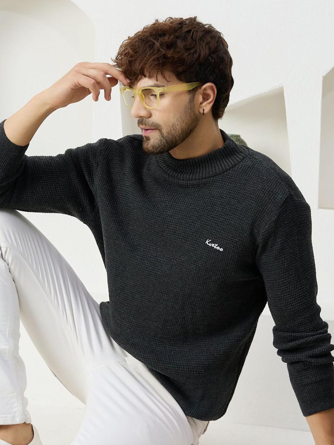 Buy KVETOO Men Self Design Ribbed Mock Collar Pullover - Sweaters for ...