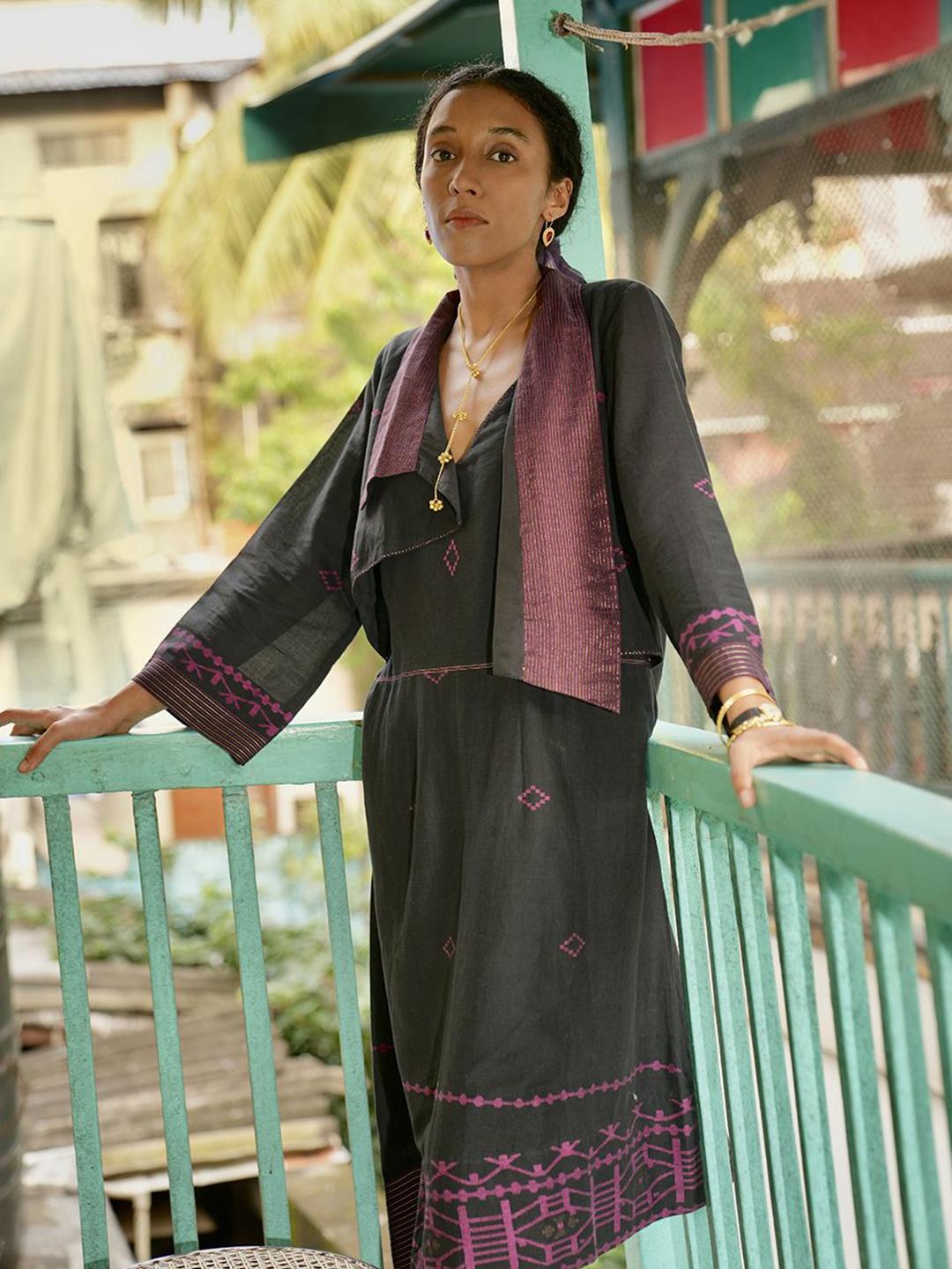 Buy Bhomra Women Ethnic Motifs Checked Layered A Line Midi Dress ...