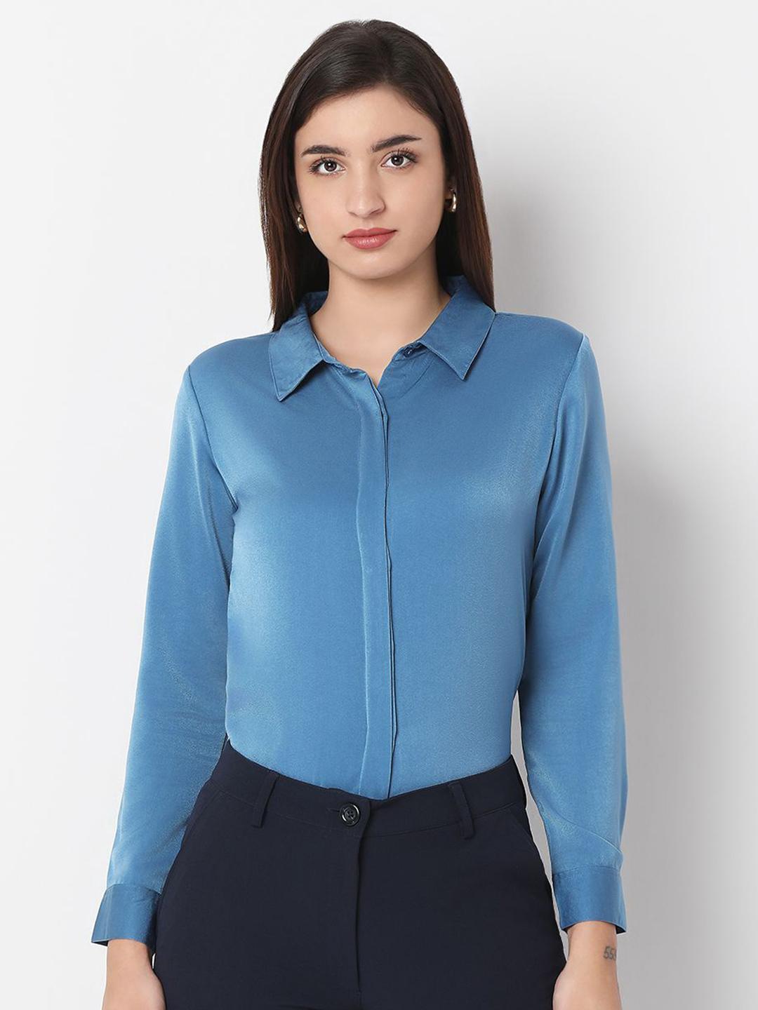 Buy NOT SO PINK Women Premium Spread Collar Solid Satin Formal Shirt ...