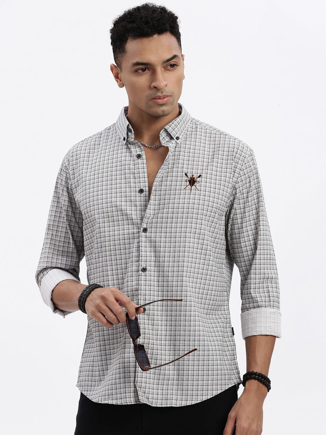 Buy SHOWOFF Men Standard Button Down Collar Micro Checked Cotton Slim ...