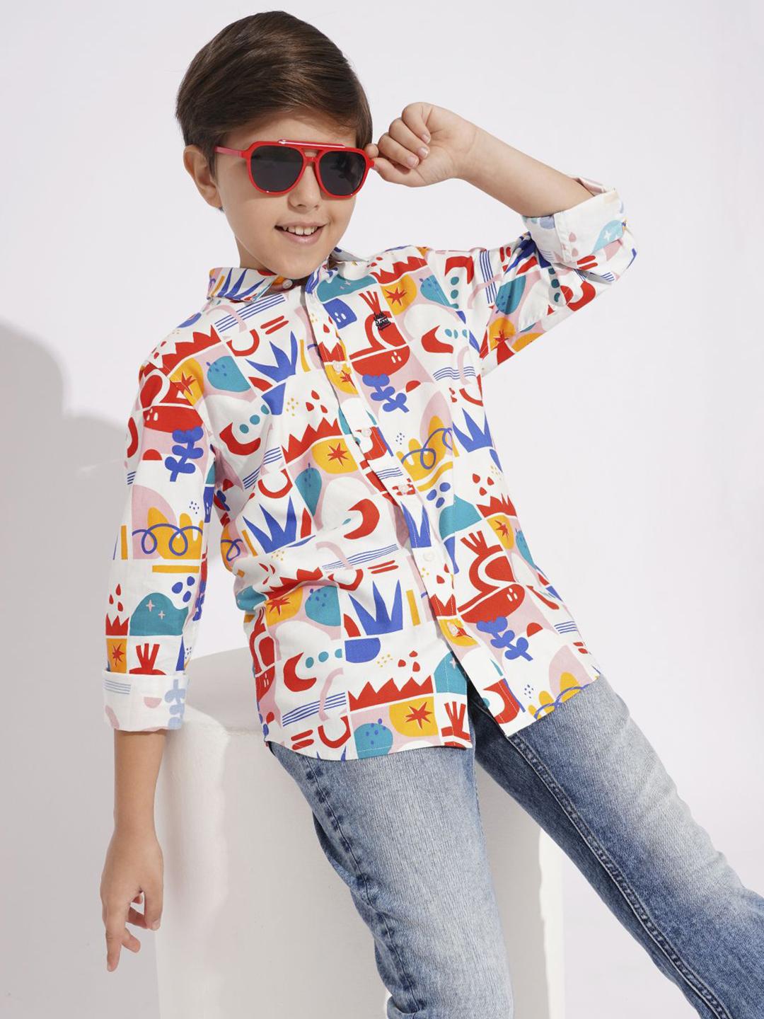 Buy Jack & Jones Junior Boys Spread Collar Abstract Printed Cotton ...