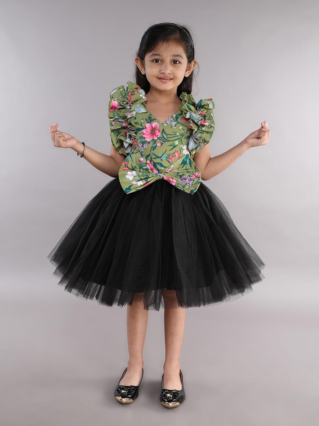 Buy Pink Chick Girls Floral Printed Flutter Sleeve Net Fit & Flare ...