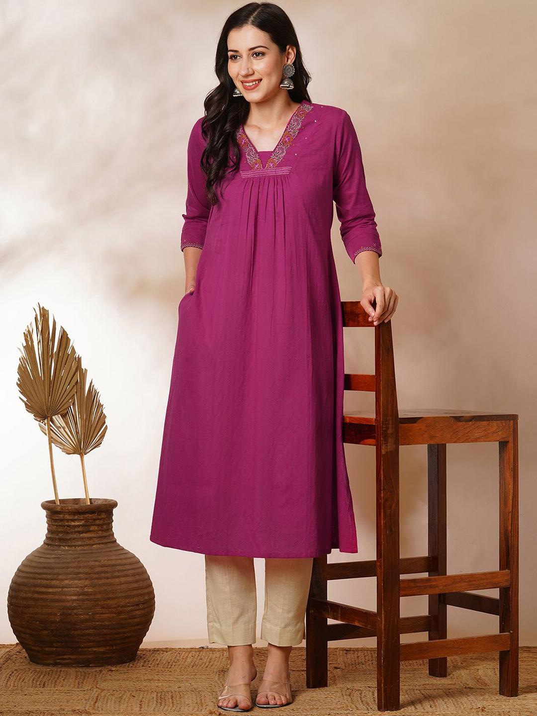 Buy KAMI KUBI Floral Embroidered V Neck Gotta Patti Pure Cotton A Line ...