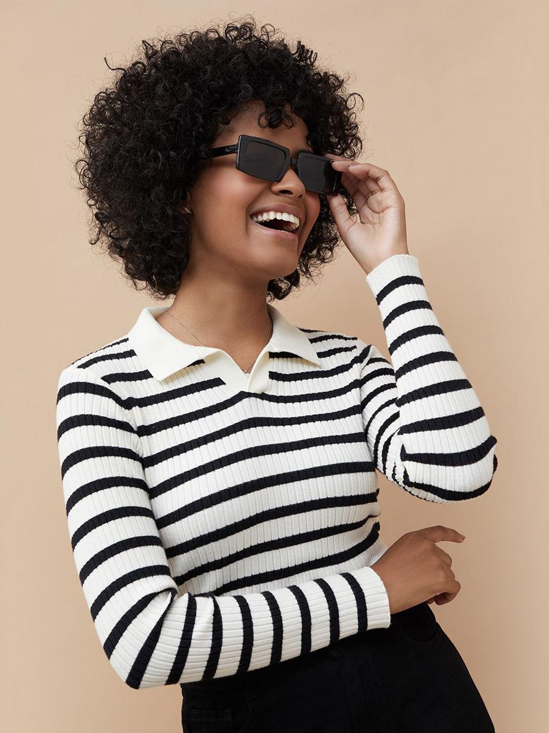 Buy Fame Forever By Lifestyle Women Horizontal Striped Shirt Collar Top ...