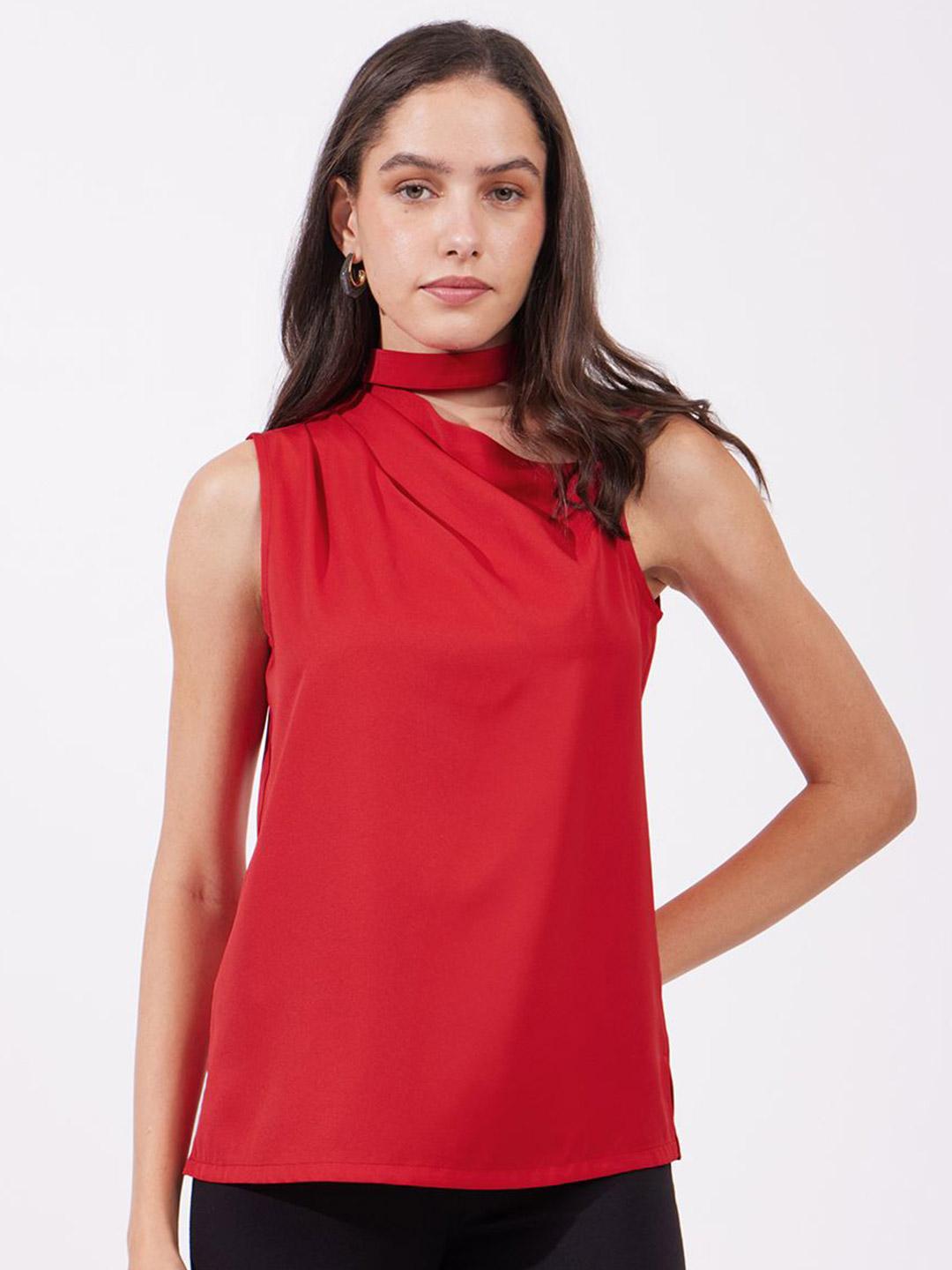 Buy FABLE STREET Women Solid High Neck Red Top - Tops for Women ...