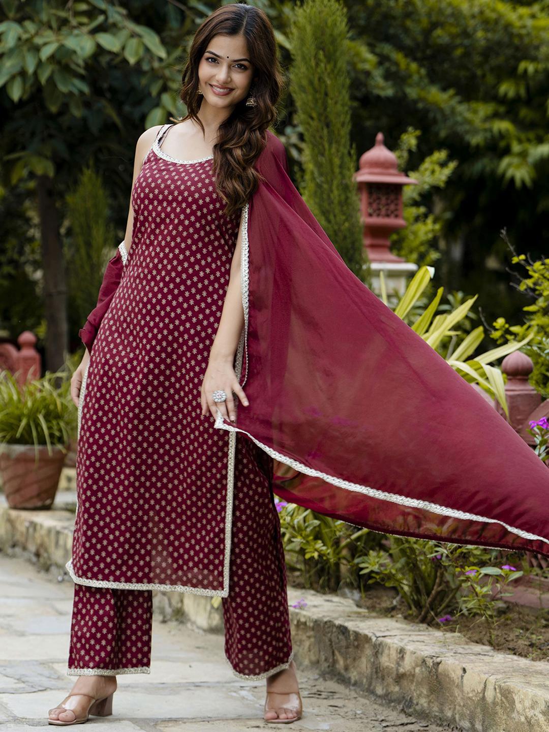 Buy Anouk Rustic Red Floral Printed Shoulder Straps Laced Pure Cotton ...