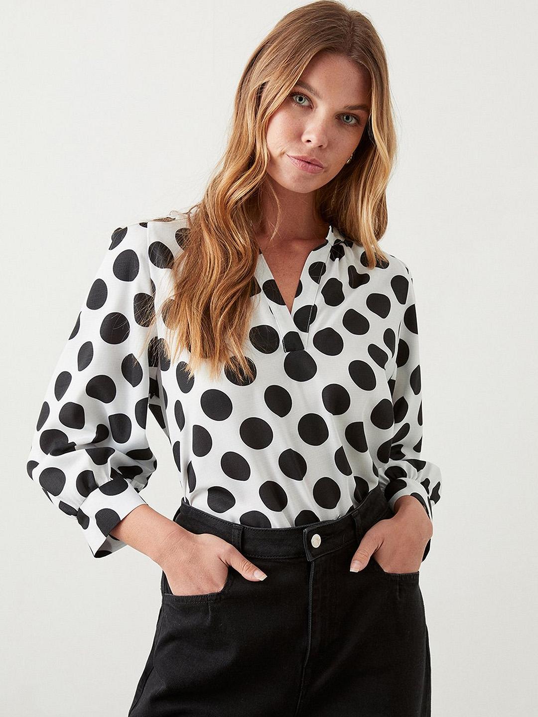 Buy DOROTHY PERKINS Polka Dots Print Mandarin Collar Puff Sleeve High ...