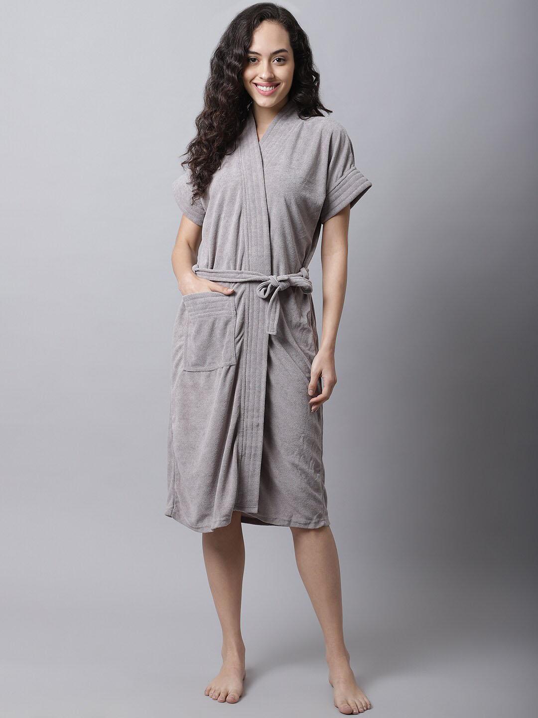 Buy ELEVANTO Grey Solid Terrycloth Drawstring Knee Length Bath Robe ...