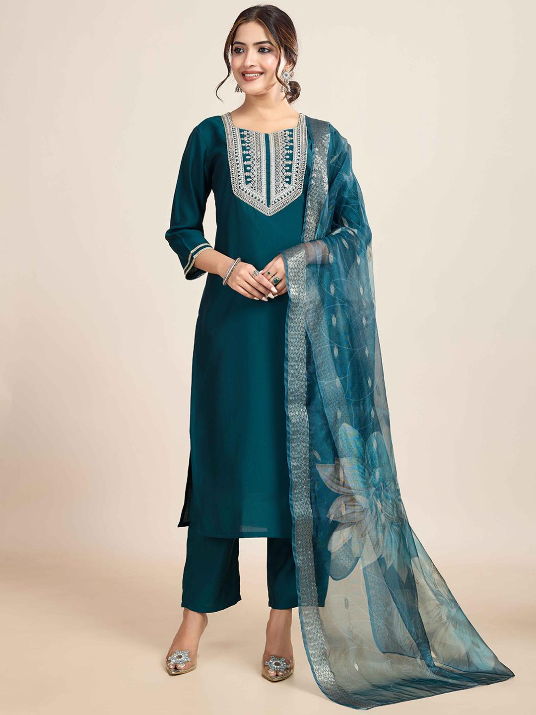 Buy Choiceit Floral Yoke Design Sweetheart Neck Straight Kurta With Trousers & Dupatta - Kurta ...