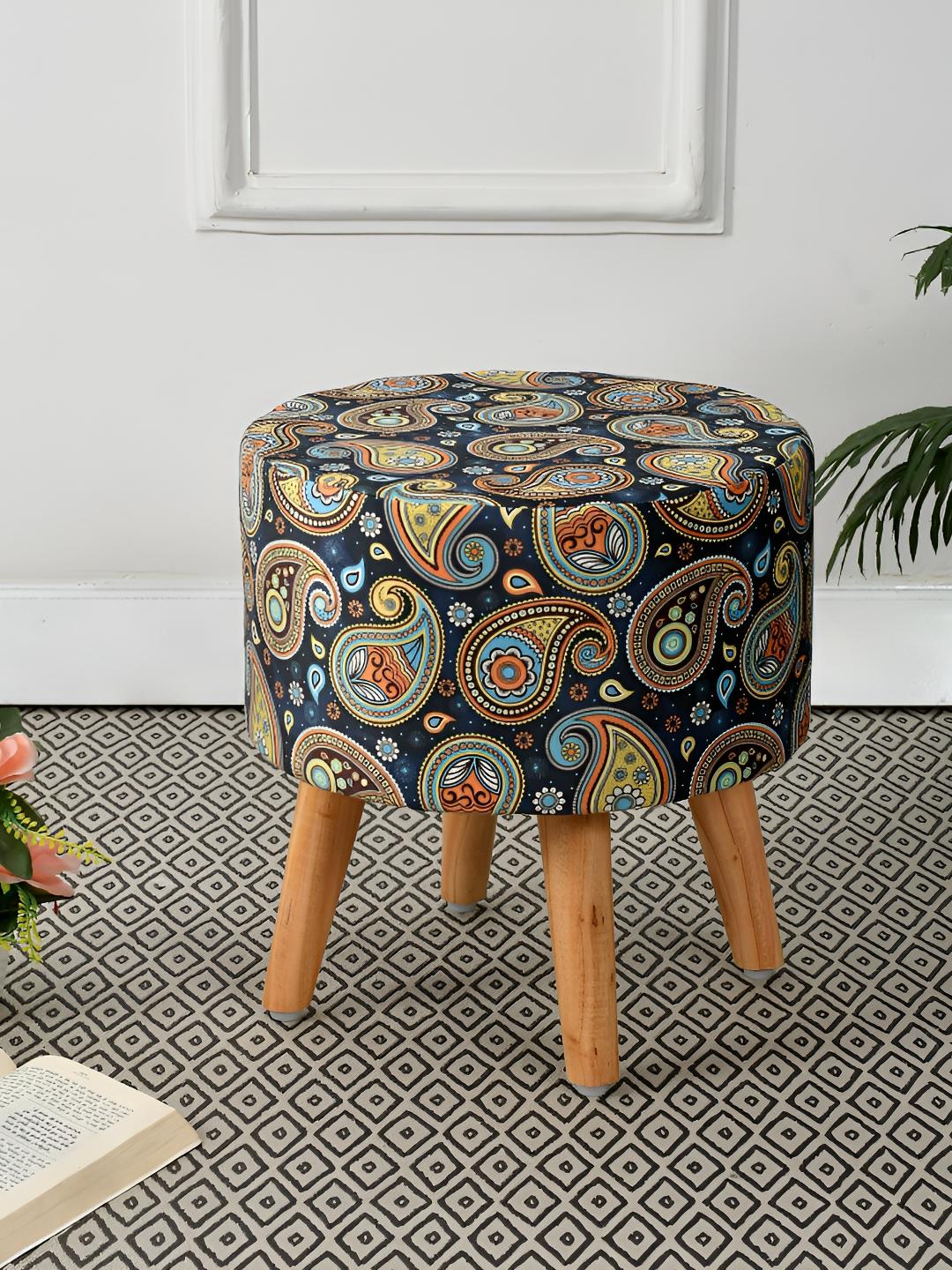 Buy RIANCE CREATIONS Black & Blue Printed Wooden & Velvet Round Ottoman ...