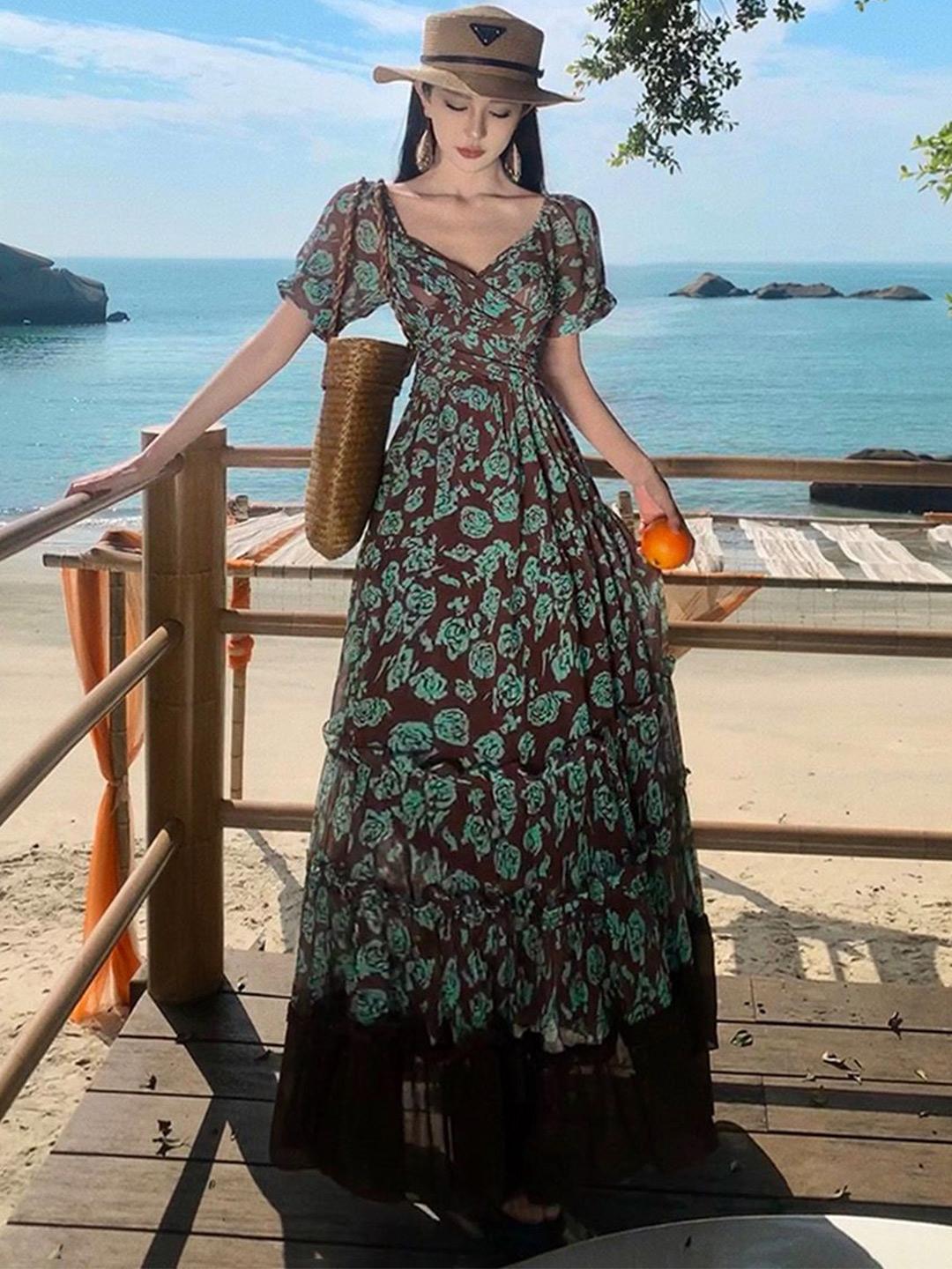 Buy JC Mode Women Floral Print Sweetheart Neck Maxi Fit & Flare Dress ...