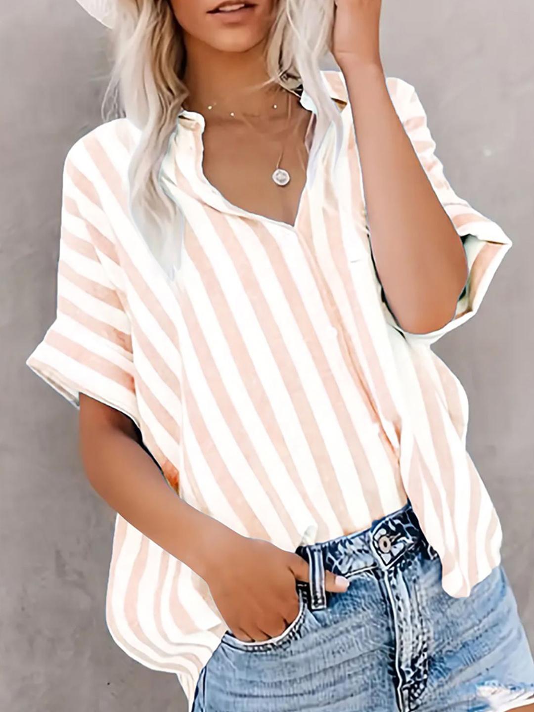 Buy JC Mode Women Vertical Striped Mandarin Collar Longline Shirt Style ...