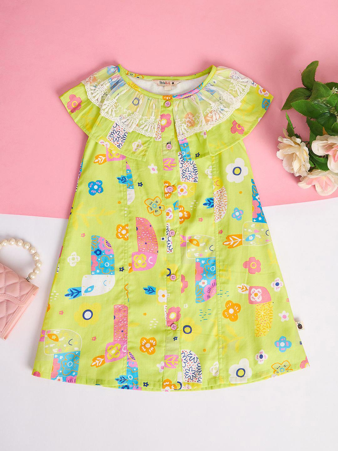 Buy Stylo Bug Girls Conversational Print Flutter Sleeves A Line Dress ...