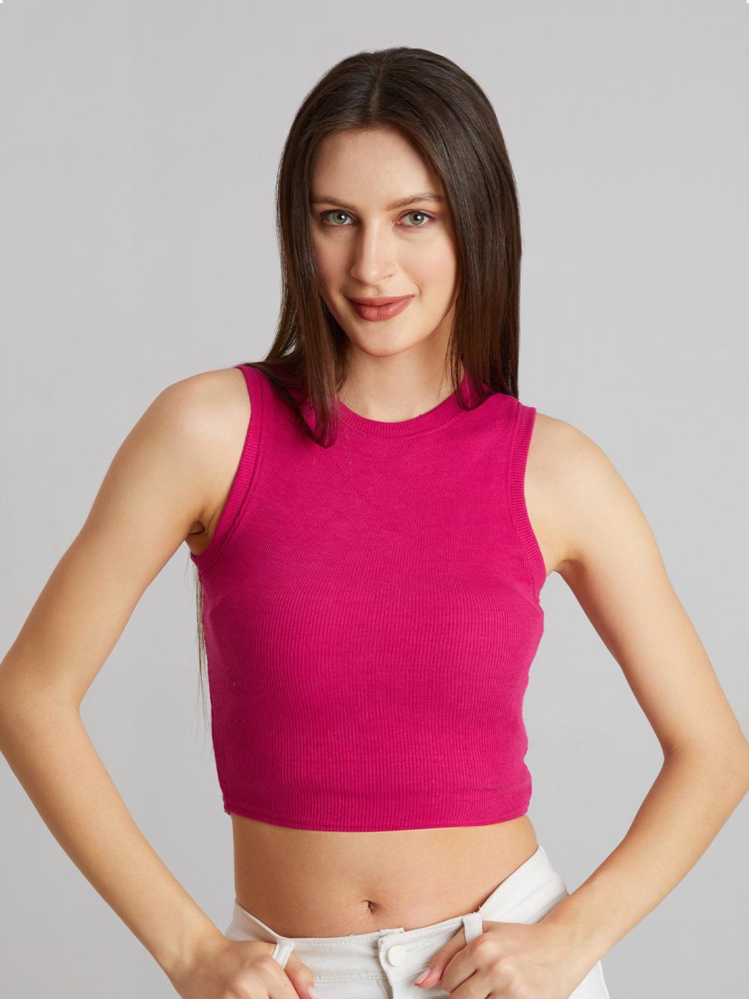 Buy The Cloth Crow Women Pink Ribbed Round Neck Crop Tank Top - Tops ...
