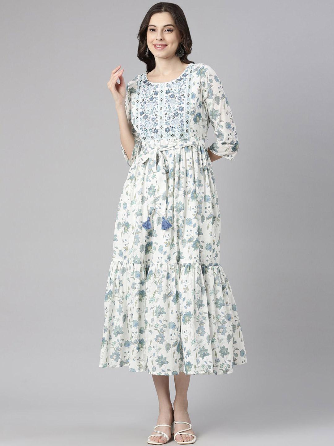 Buy Neerus Women Floral Print Round Neck Layered Fit & Flare Maxi Dress ...
