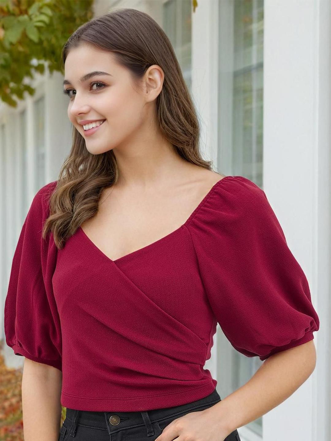 Buy Stylecast X Slyck Puff Sleeve Wrap Crop Top - Tops for Women ...