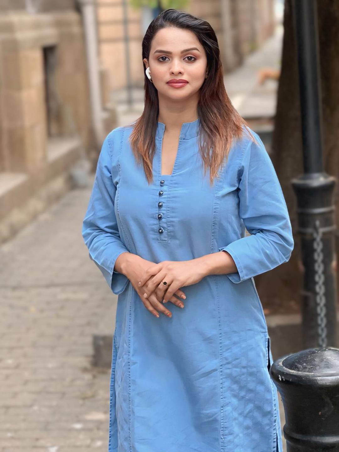 Buy SK Creation Women Solid Mandarin Collar Straight Denim Kurta ...