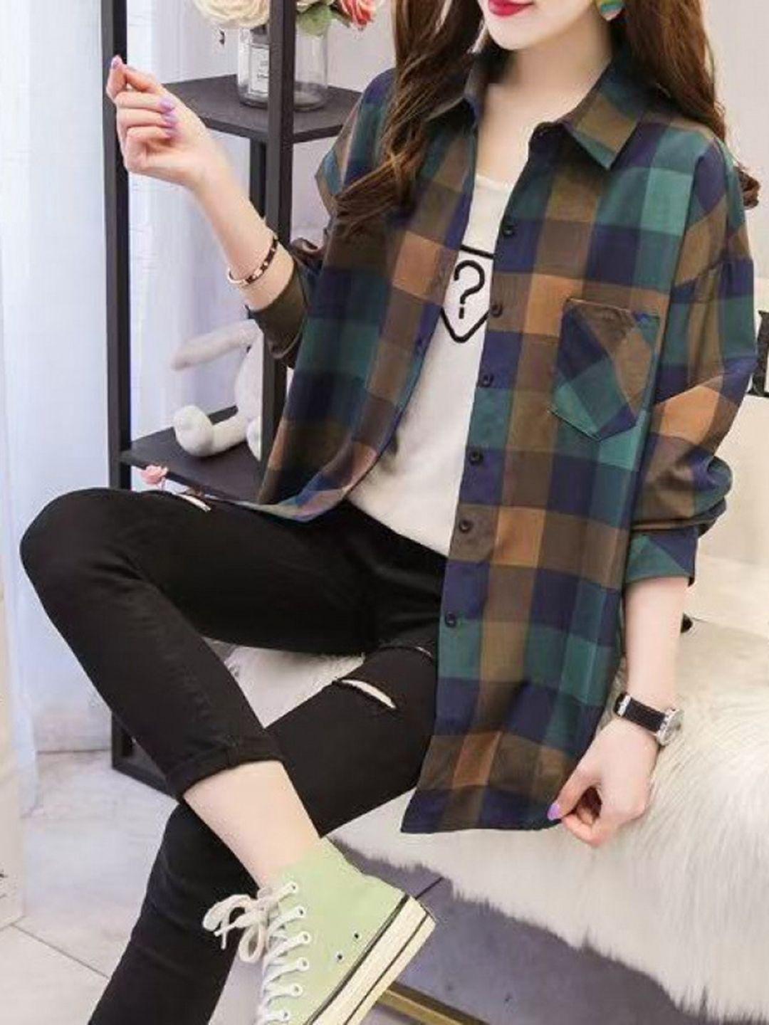 Buy DressBerry Women Oversized Fit Buffalo Checked Spread Collar Casual ...