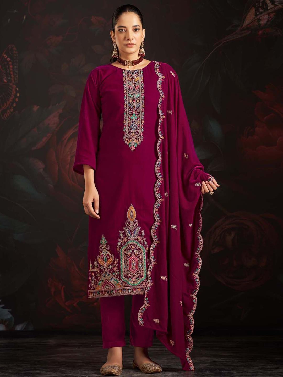 Buy Clora Creation Women Floral Embroidered Velvet Kurta With Trousers ...