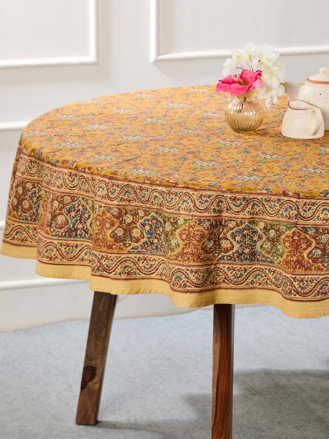Buy Fabindia Yellow Floral Cotton Round 4 Seater Table Cover With ...