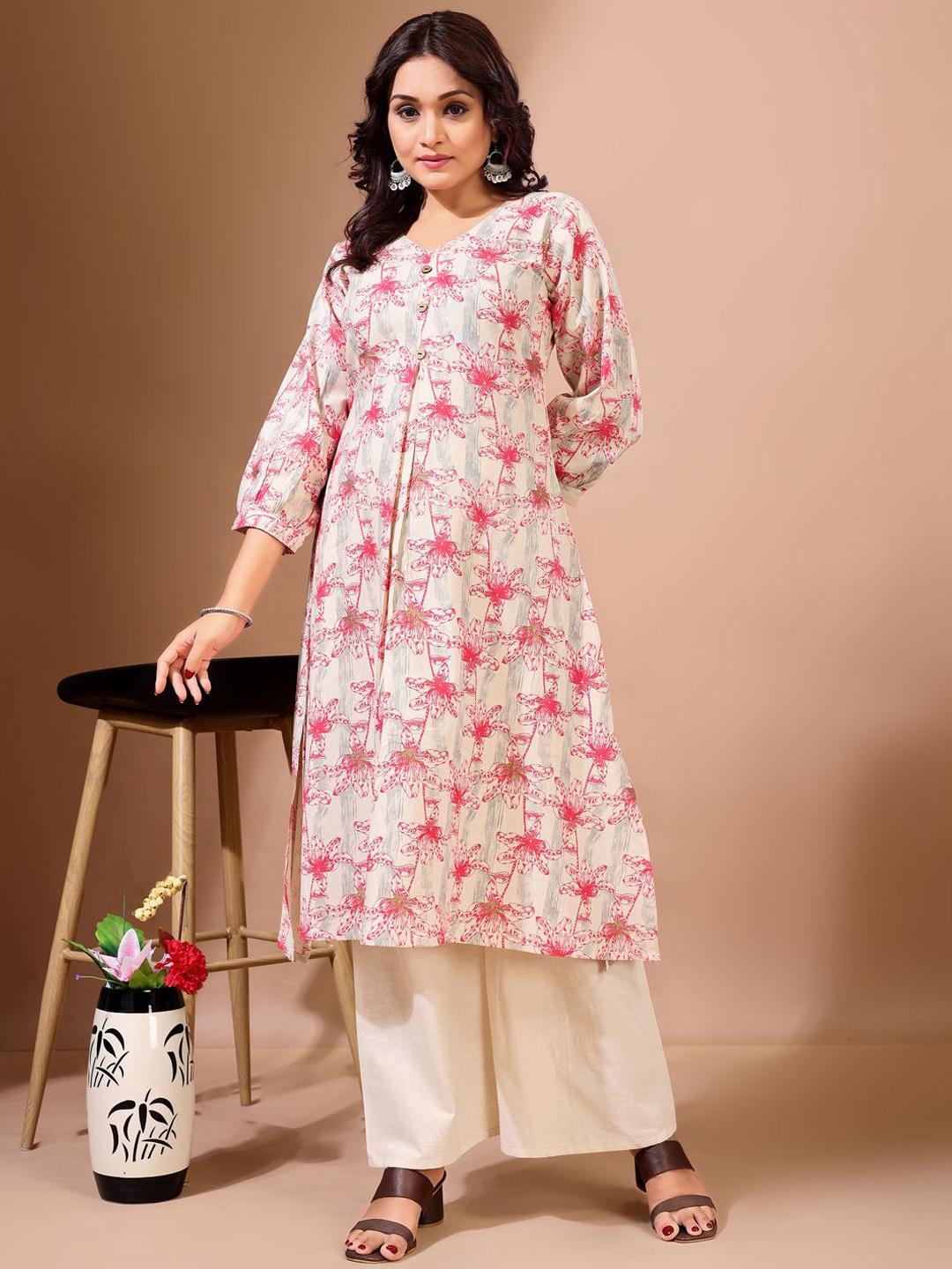 Buy Virah Fashion Women Floral Printed Regular Pure Cotton Kurta With ...