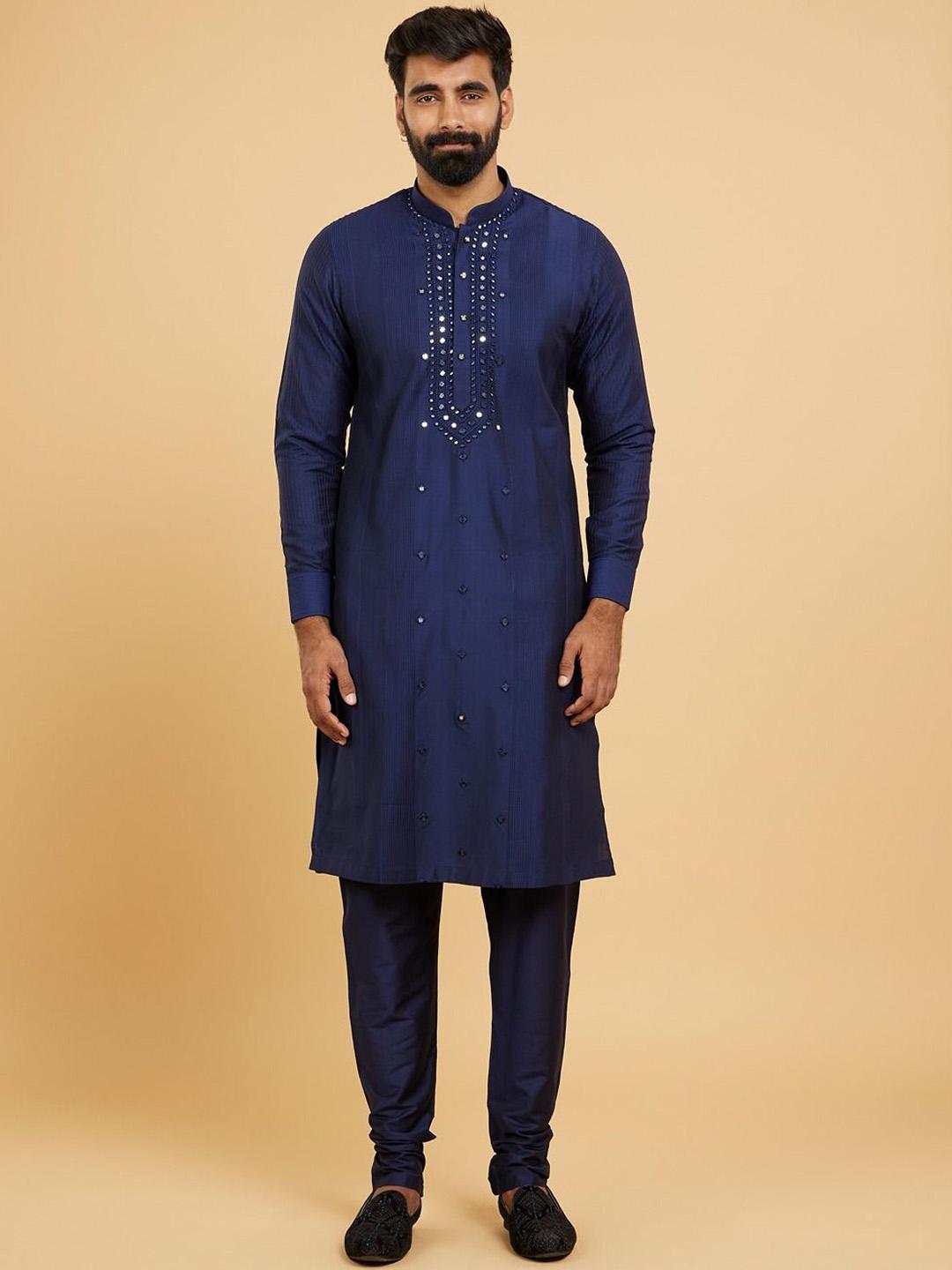 Buy Twamev Men Embroidered Regular Mirror Work Kurta With Churidar ...