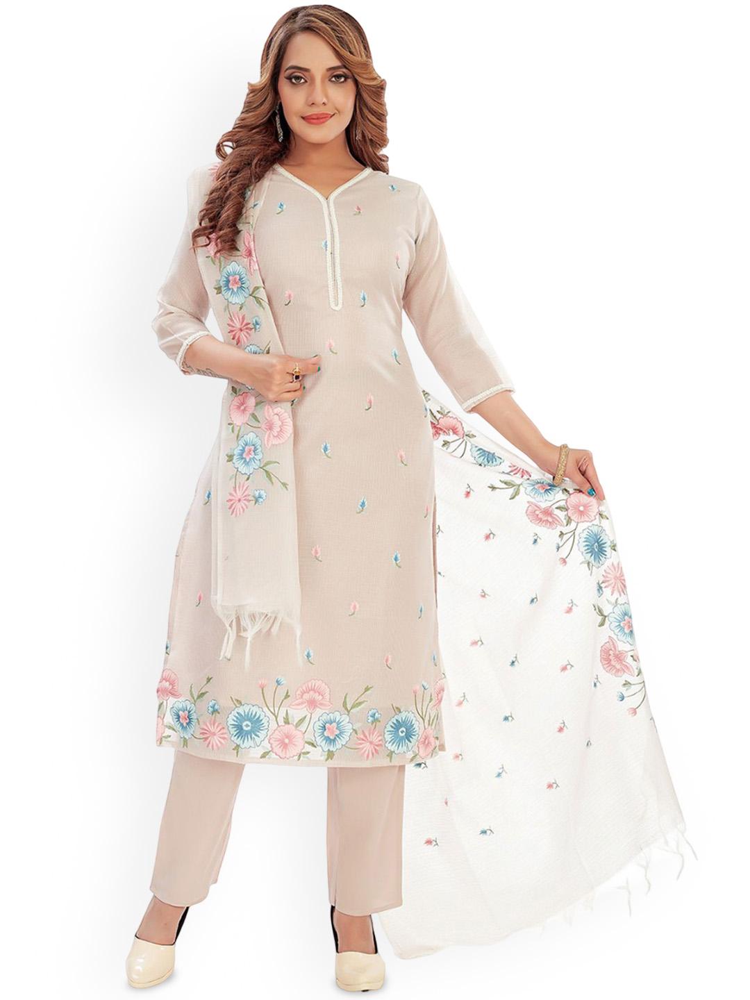 Buy Amchoor Floral Embroidered V Neck Thread Work Tissue Straight Kurta ...
