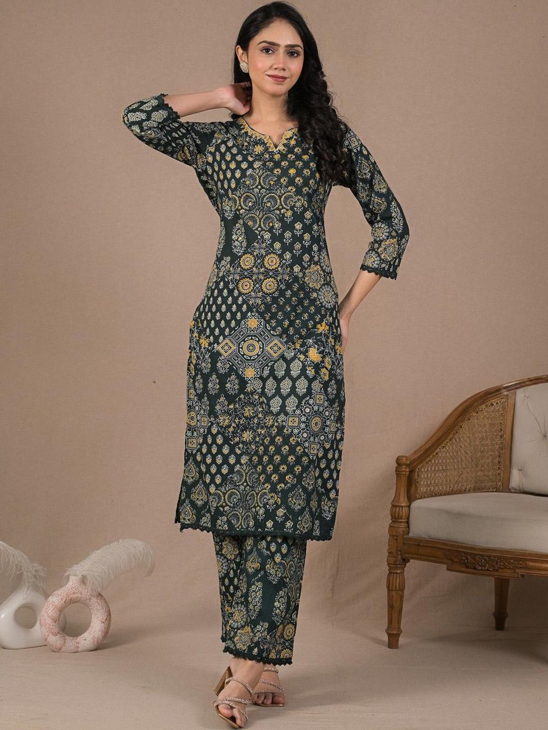Buy Readiprint Floral Printed Mirror Work Notch Neck Pure Cotton Kurta ...